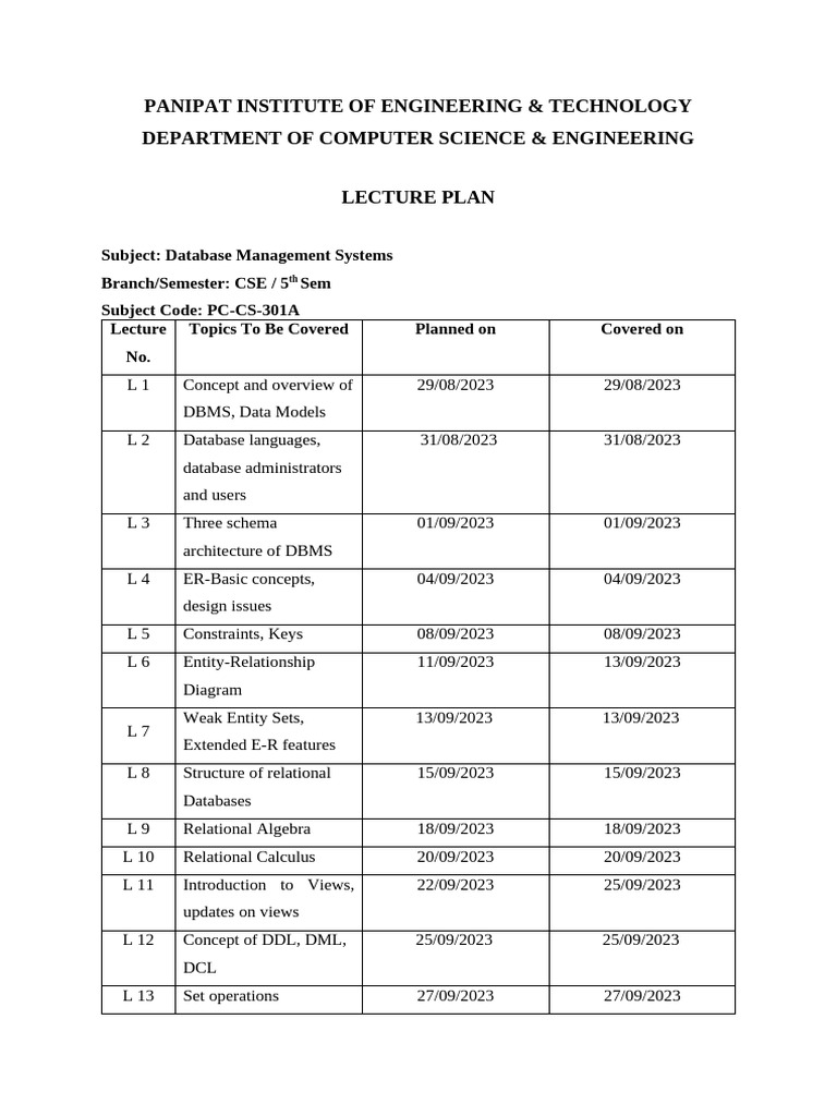 (DBMS 5th Sem) Lecture Plan | PDF | Databases | Relational Database
