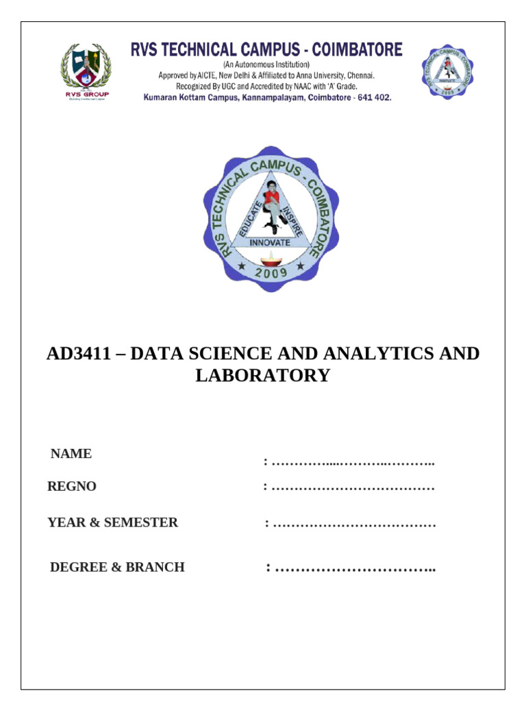 Ad3411 Dsa Lab Index New Final | PDF