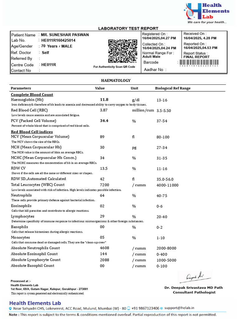 MR Suneshar Paswan 16 04 2025 10 08 15 PM | PDF | Anemia | Immunology