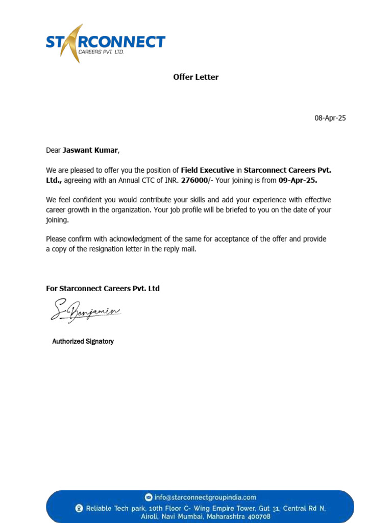 Offer Letter for Field Executive Position | PDF