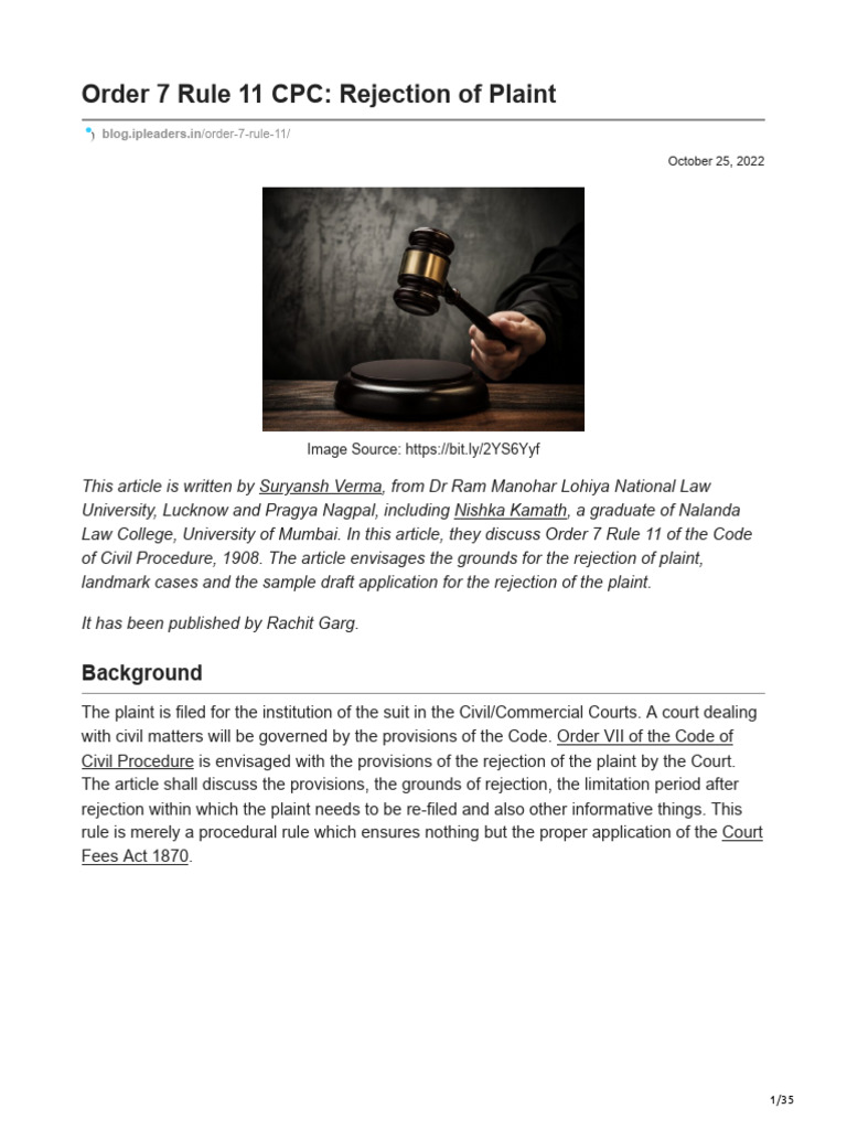 Grounds for Rejection of Plaint Under CPC | PDF | Lawsuit | Cause Of Action
