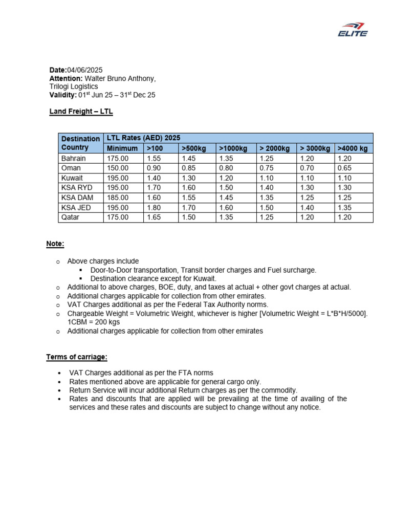 Rate Card - LTL GCC - Trilogi Logistics | PDF | Cargo | Receipt