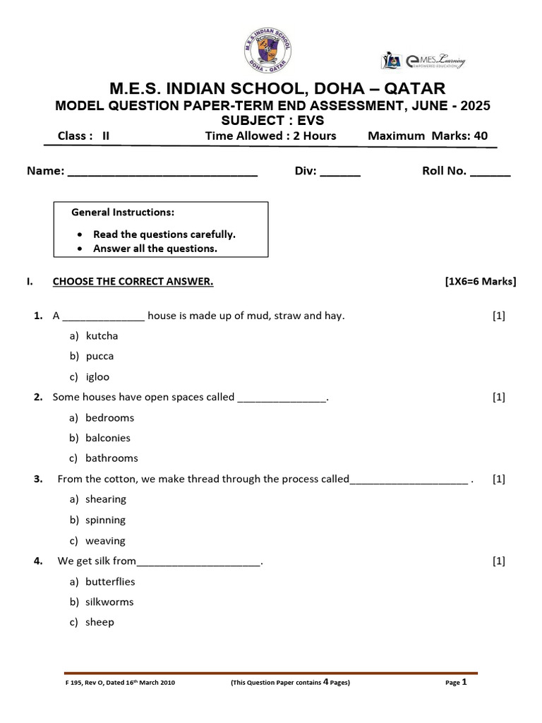 Class 2 Evs Model Question Paper Term End Assessment June 2025 | PDF