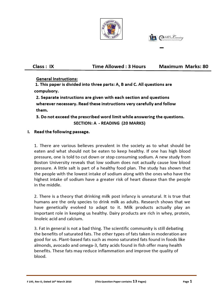 Model Question Paper Class 9 | PDF | Fat | Milk