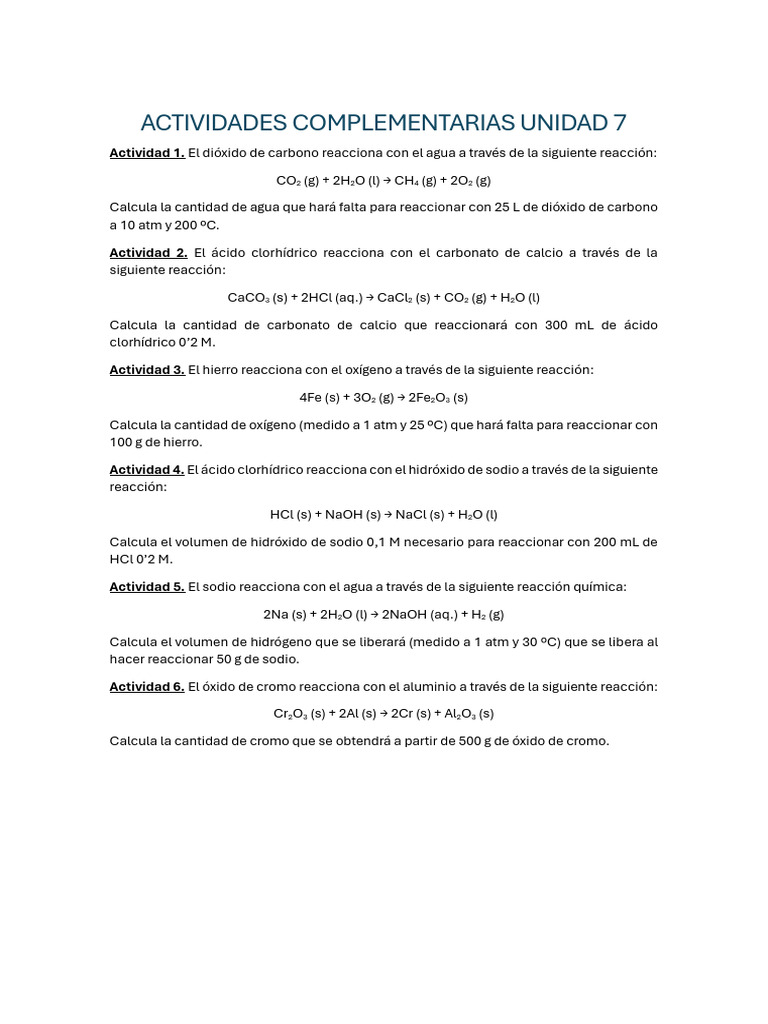 Actividades Unidad 7 Complementarias | PDF