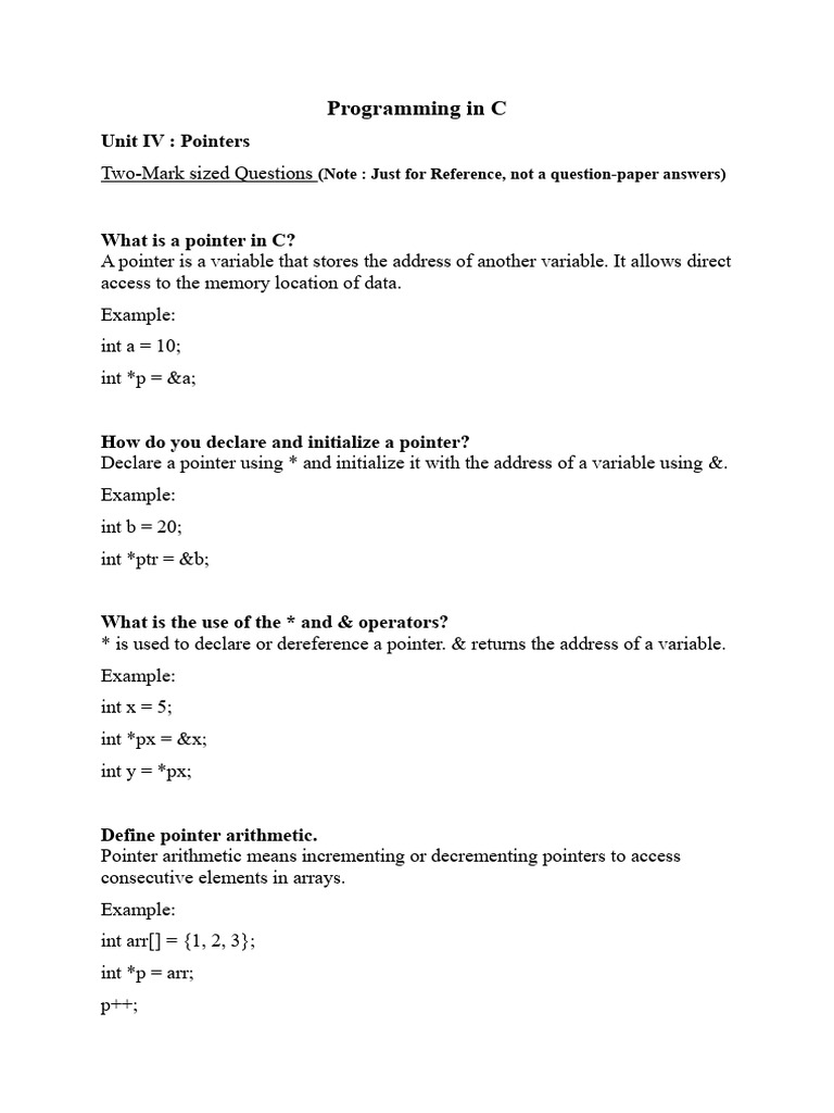 Programming in C Unit IV | PDF | Pointer (Computer Programming) | Integer (Computer Science)