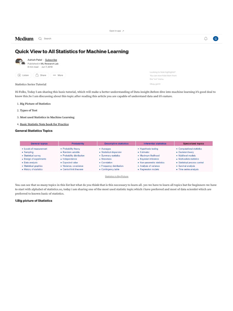 Quick View To All Statistics For Machine Learning - by Ashish Patel - ML Research Lab - Medium ...