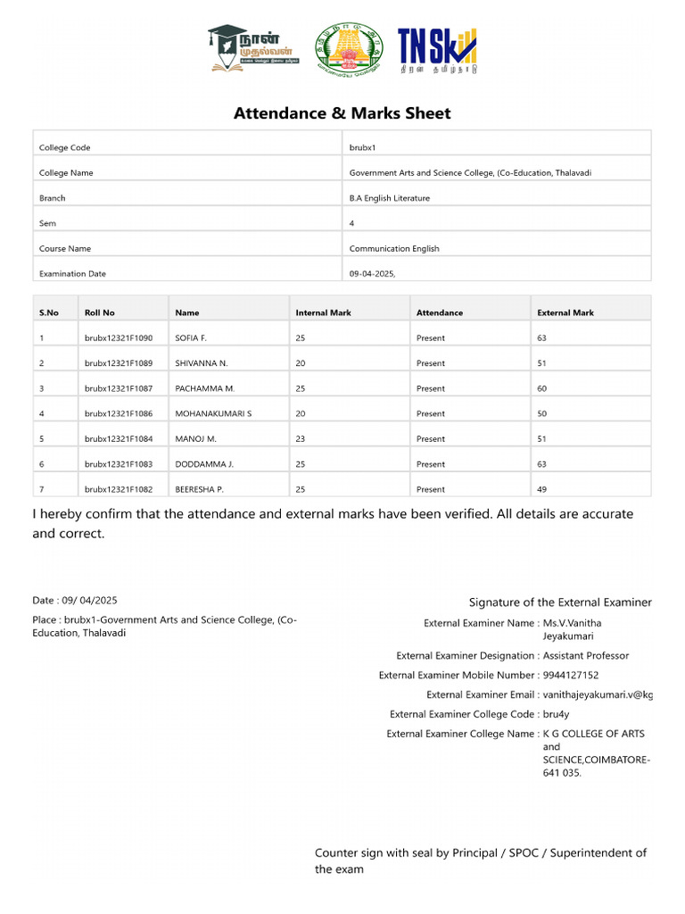 Attendance Marks Sheet | PDF