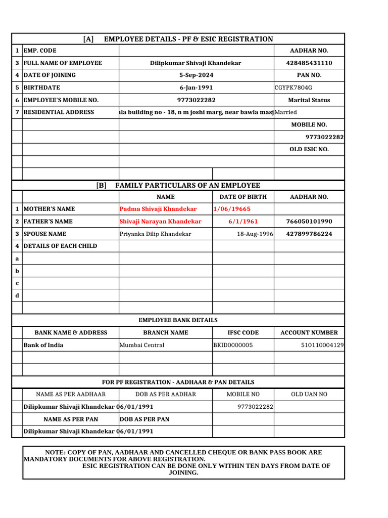 Emp Details Sheet For ESIC Registration | PDF | Government Of India ...