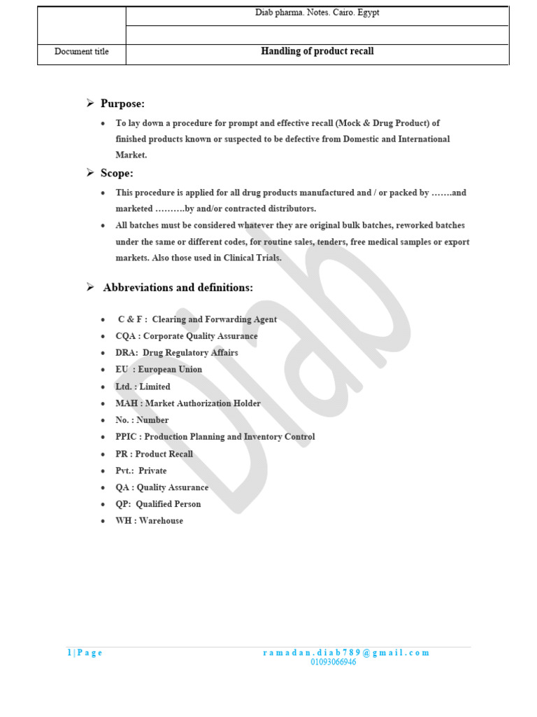 Sop For Handling Product Recall and Mock Recall | PDF ...