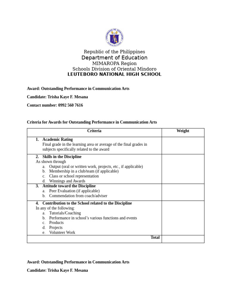 Criteria For Awards For Outstanding Performance in Communication Arts | PDF