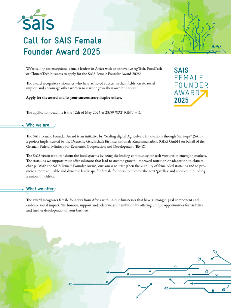SAIS Female Founder Award | PDF | Startup Company | Small Business & Entrepreneurs