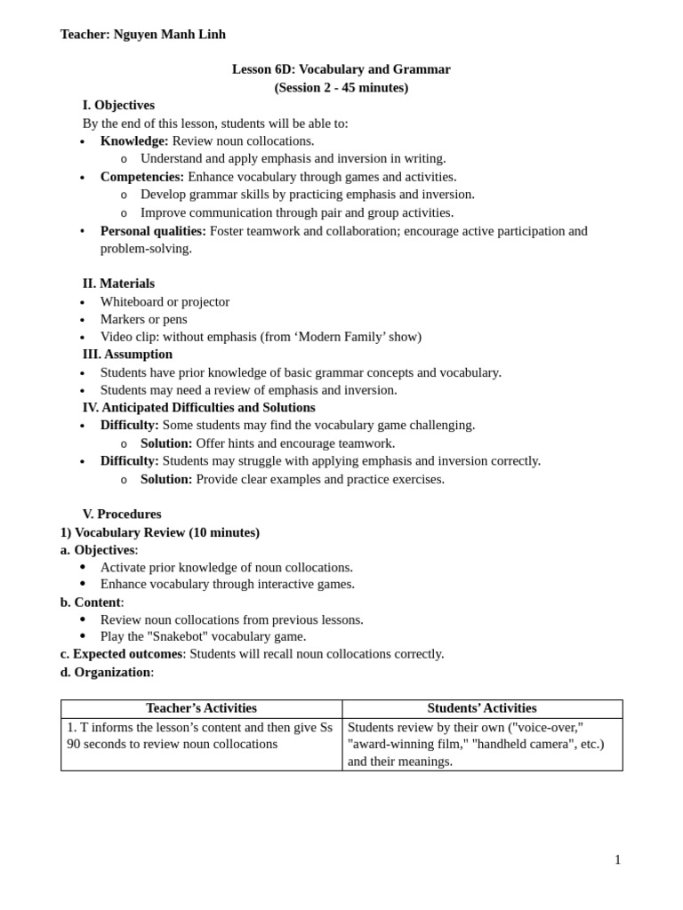 Lesson Plan 6D - Vocabulary and Grammar | PDF | Vocabulary | Verb