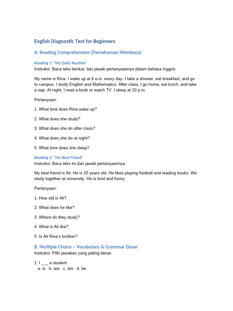 English Diagnostic Test for Beginners | PDF