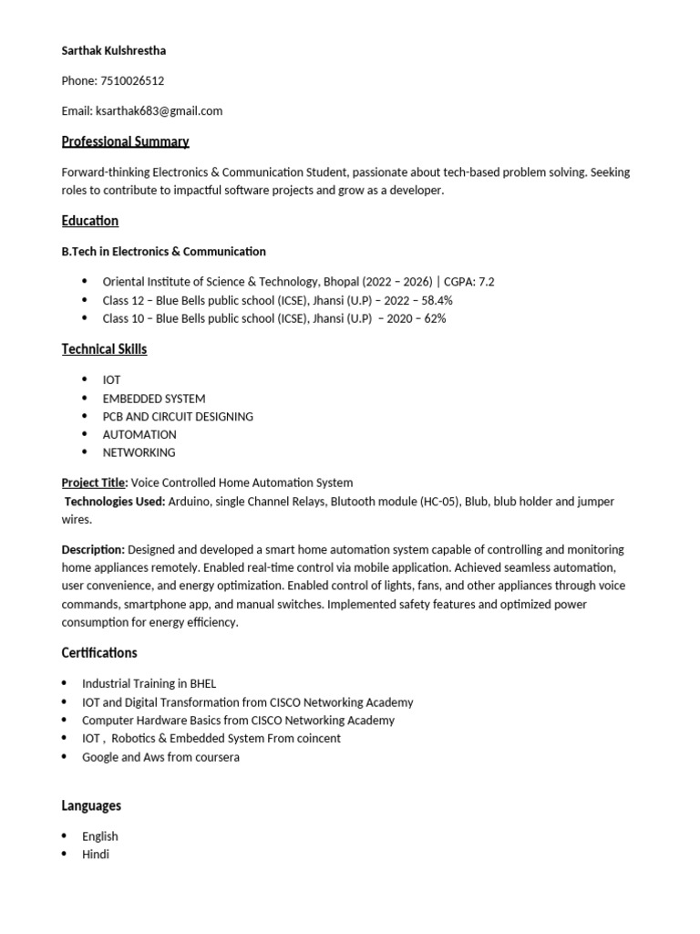 Professional Summary: Sarthak Kulshrestha | PDF