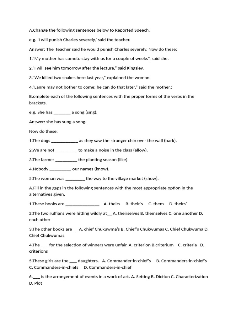 Jss 2 English Third Term Question | PDF | Syntax | Linguistics