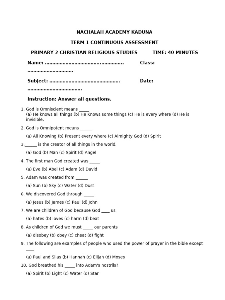 Primary 2 C.R.S Continuous Assessment | PDF