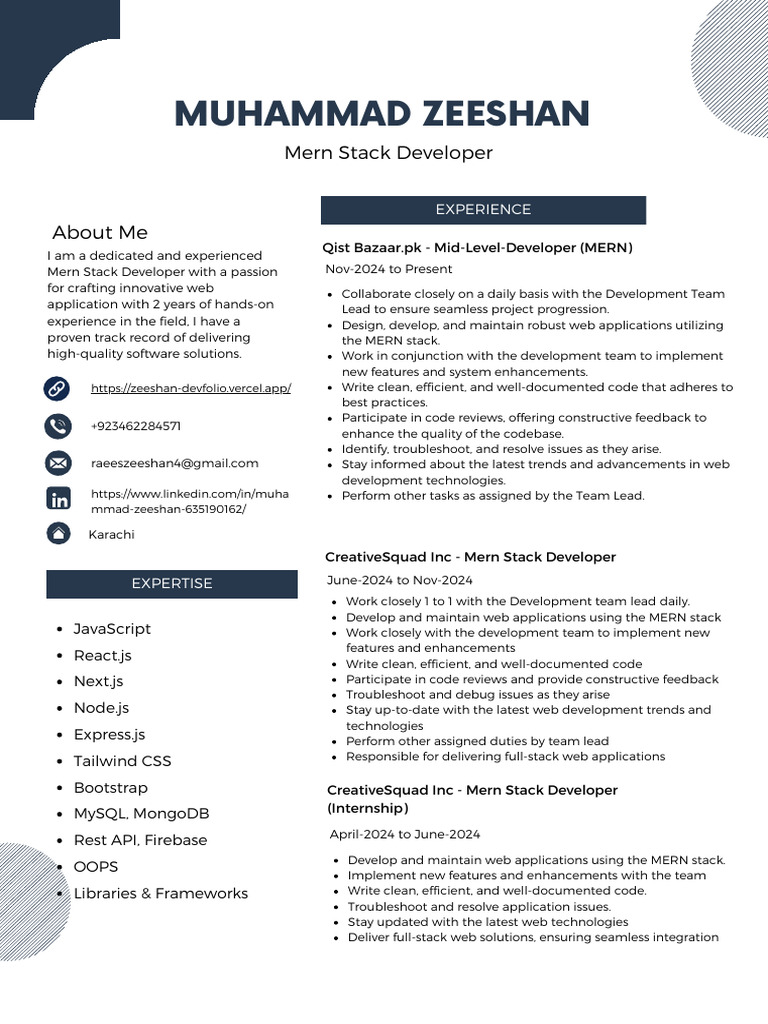 M.zeeshan Mern Stack Developer Resume | PDF | Web Development | Computing
