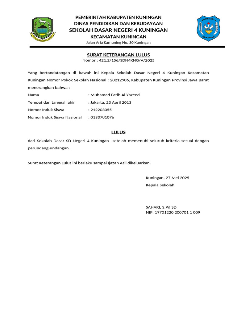 Contoh Surat Keterangan Lulus SD | PDF