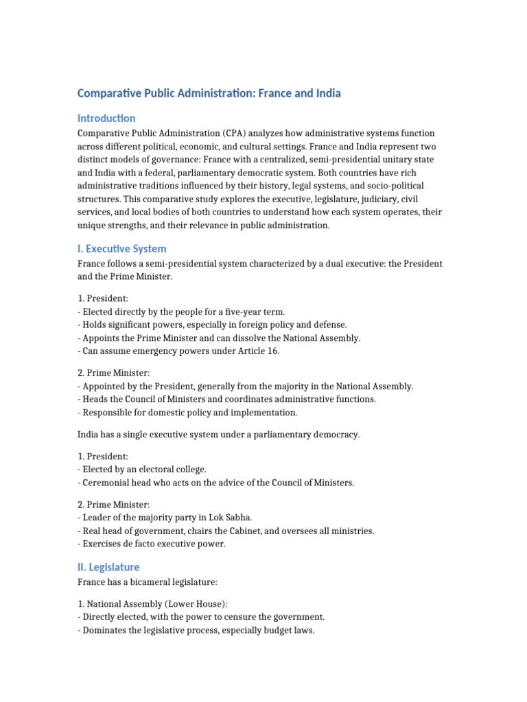 Comparative Public Administration France India Detailed | PDF ...
