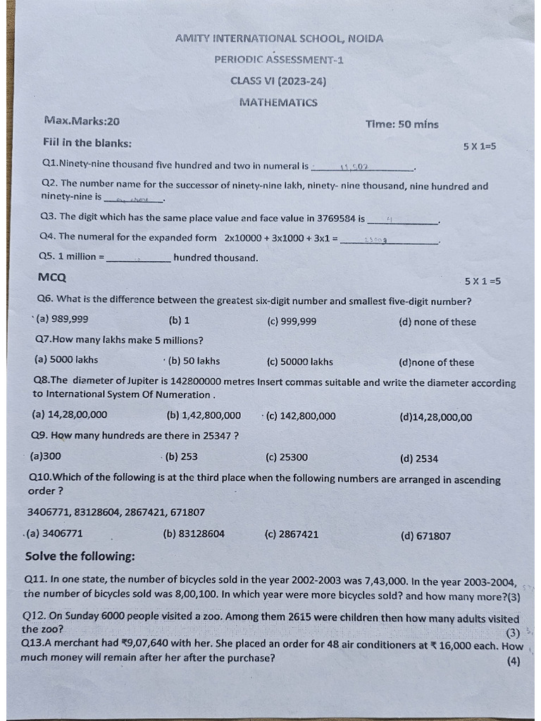 6th Maths - PA 1 | PDF