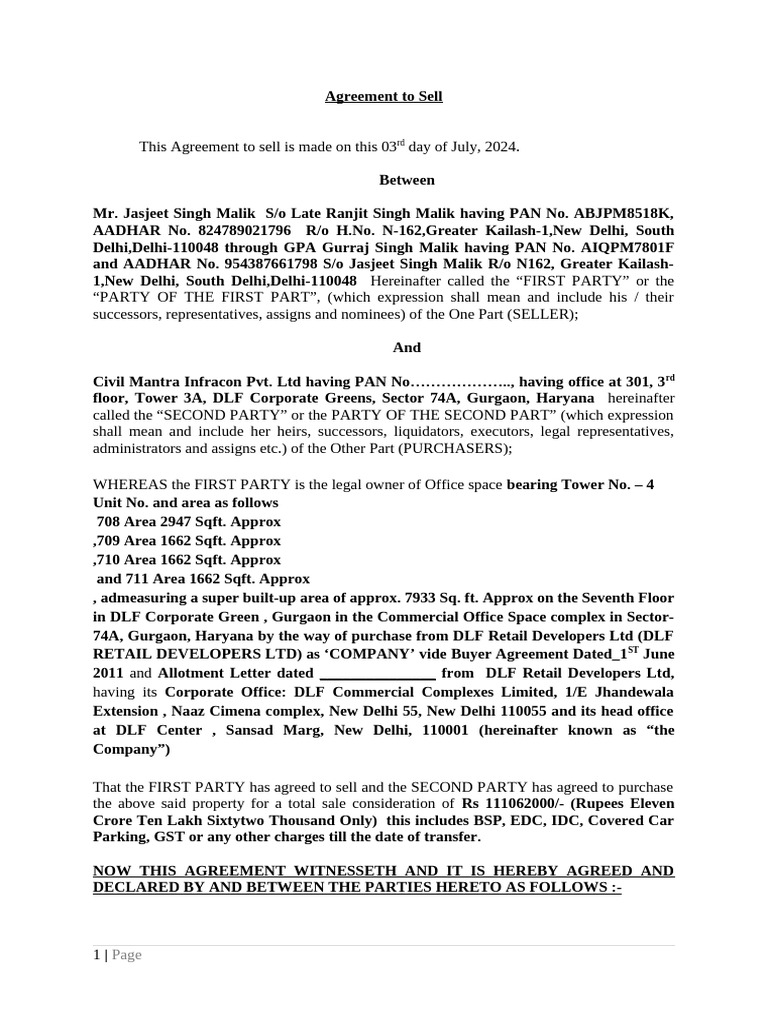 Agreement To Sell DLF Corporate Green-2 | PDF | Payments | Receipt