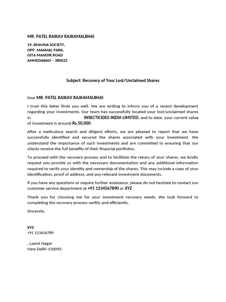 Share Recovery Latter | PDF