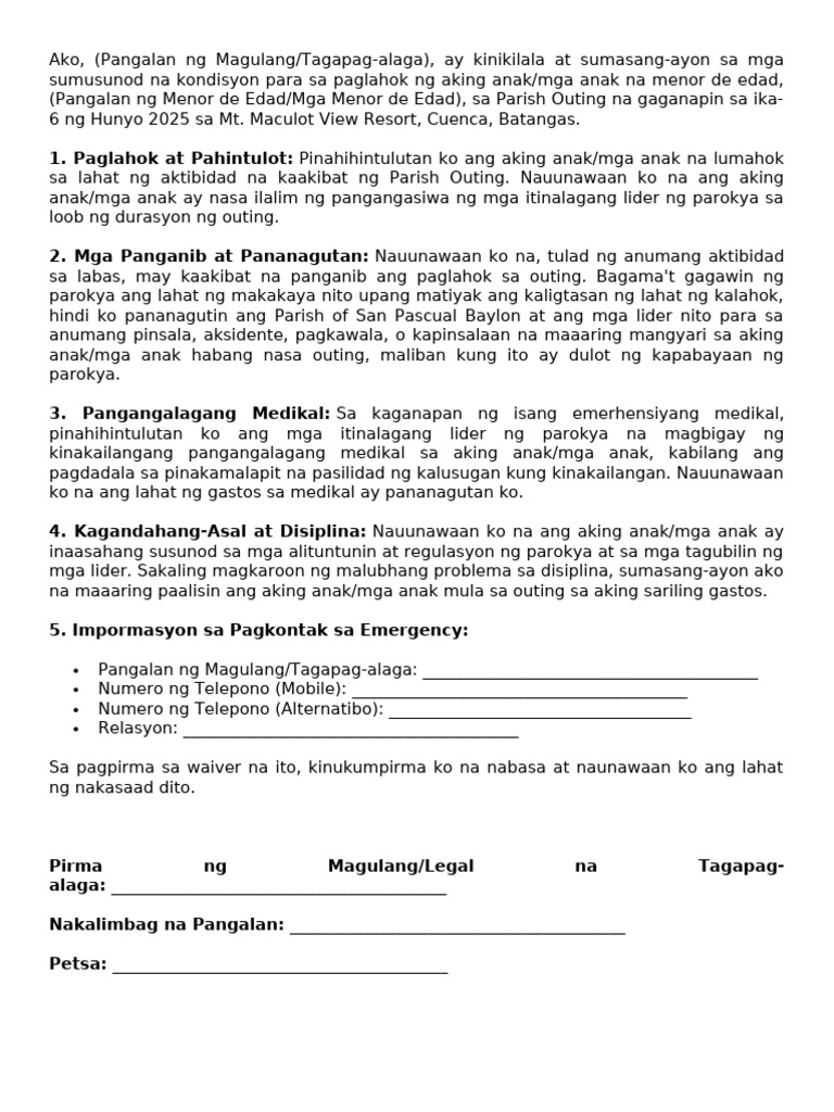 Waiver Parish Outing | PDF