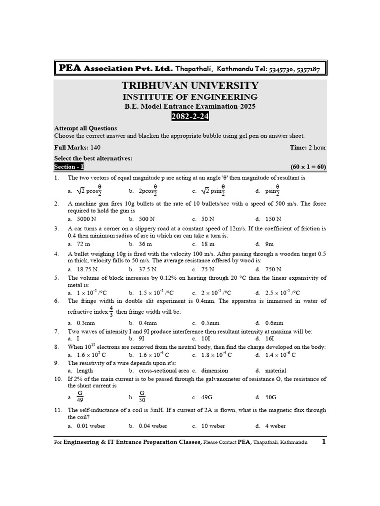 PEA (Engineering) Weekly Mock Test - Questions - 24th of Jestha 2082 ...