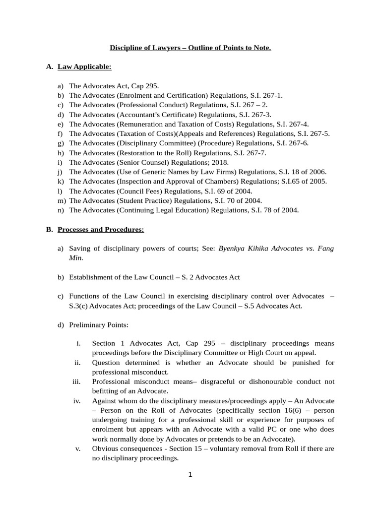 Discipline of Lawyers - Outline | PDF | Advocate | Lawyer