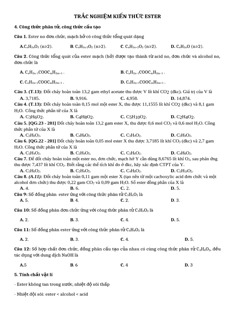 Trắc Nghiệm Kiến Thức Ester.2 | PDF