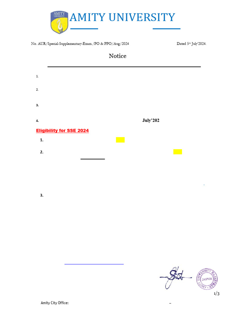 Notice Special Supplementary Exam August 2024 | PDF