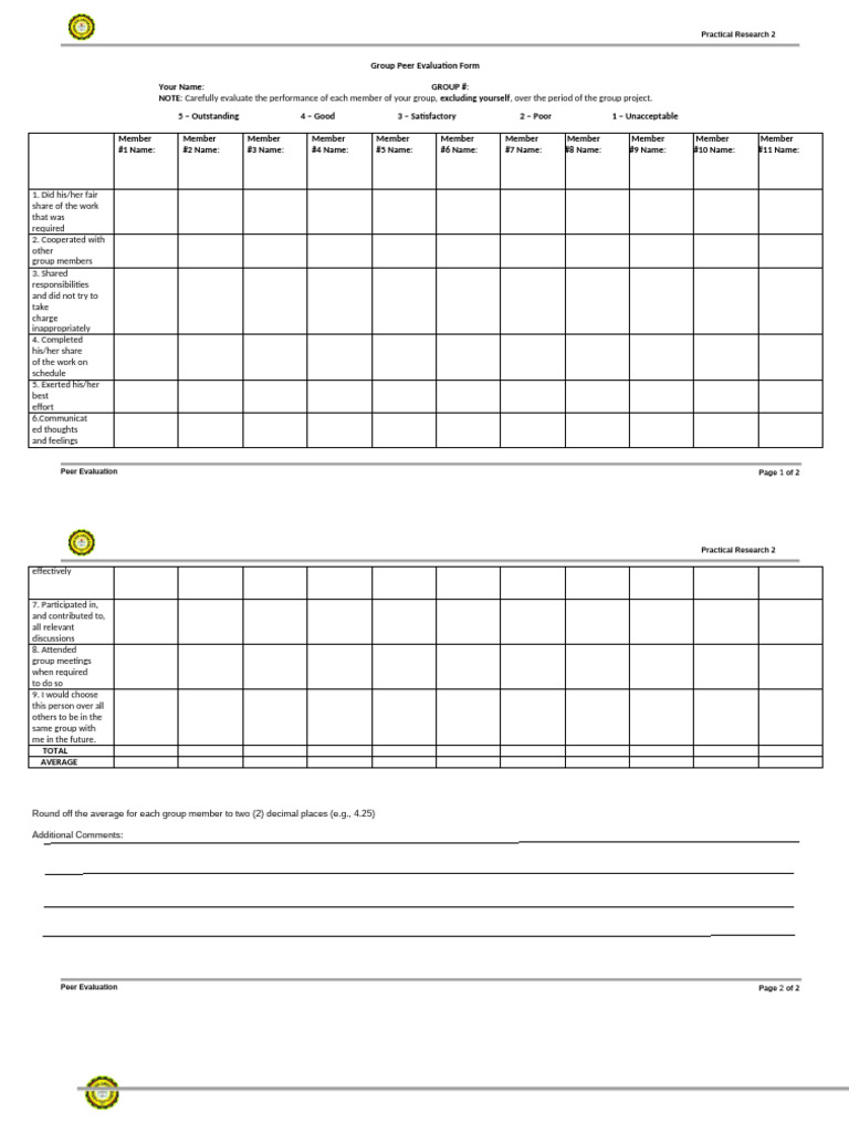 Group Peer Evaluation Form Template | PDF