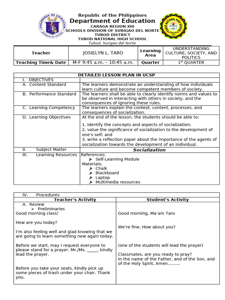 Taro Josielyn - DLP Ucsp Quarter 1 | PDF | Autism | Socialization