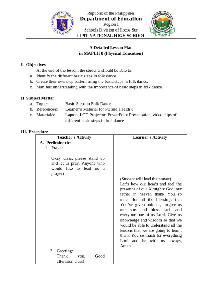 Folk Dance Basics Lesson Plan for PE | PDF | Dances | Prayer