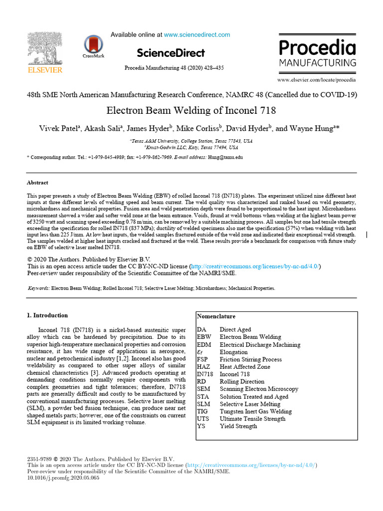 Electron Beam Welding of Inconel 718 | PDF | Welding | Construction