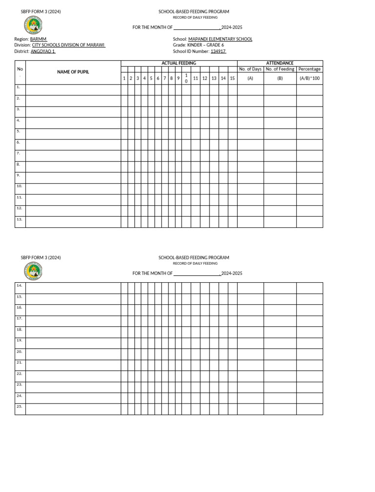SBFP Form 3 Daily Feeding Record | PDF