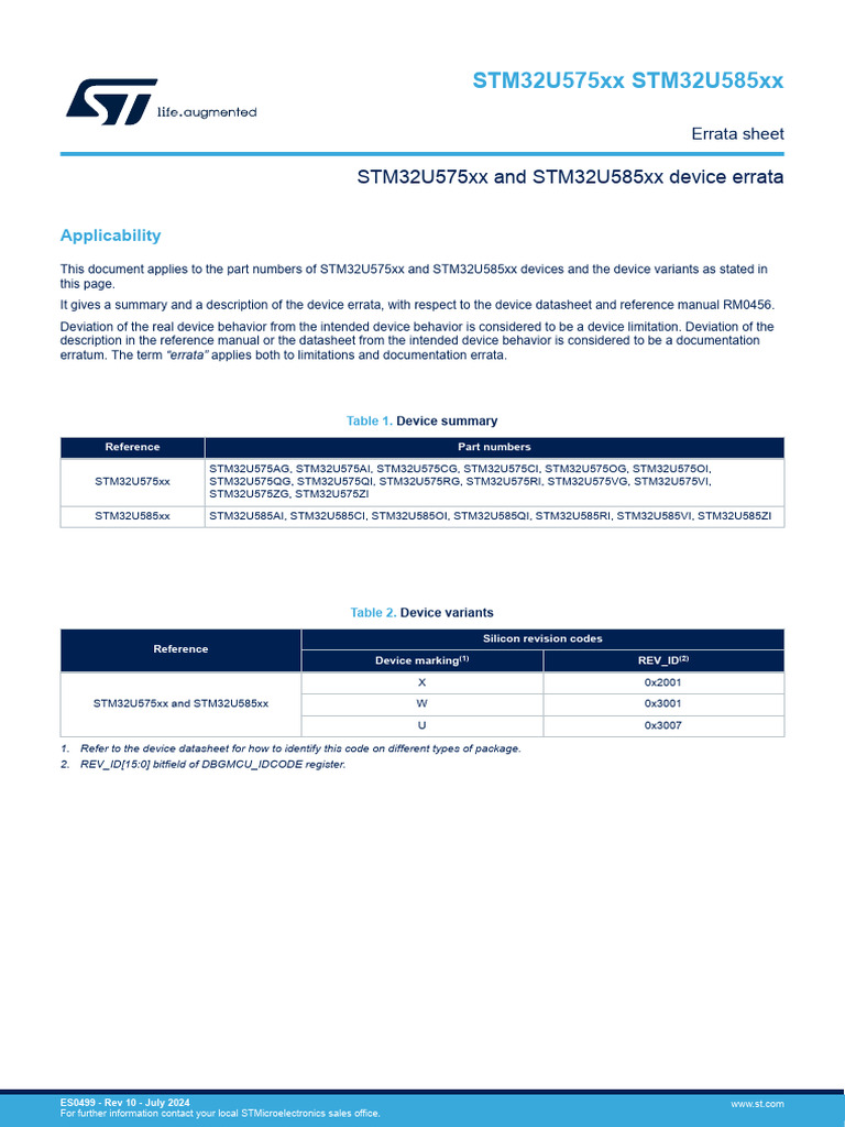 Es0499 Stm32u575xx and Stm32u585xx Device Errata Stmicroelectronics | PDF | Cpu Cache | Computer ...