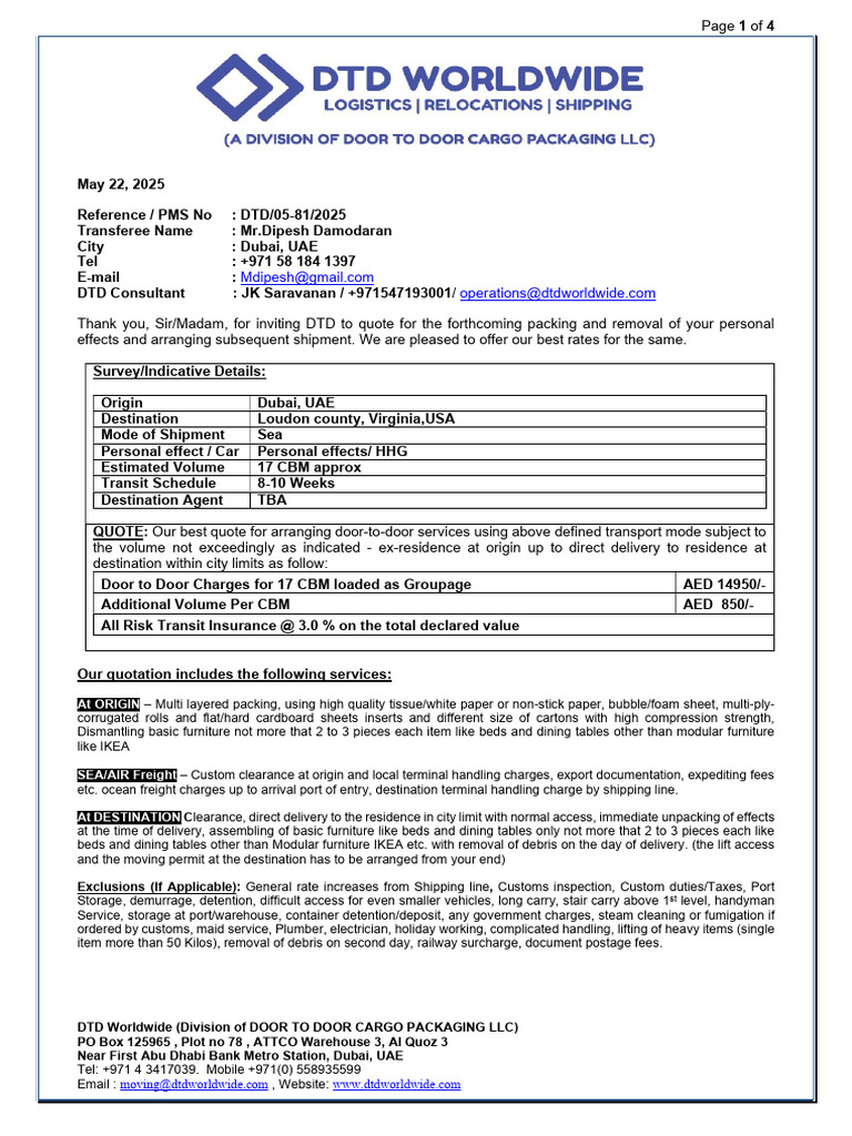 DTD Quote-Mr - Dipesh Damodaran | PDF | Cargo | Insurance