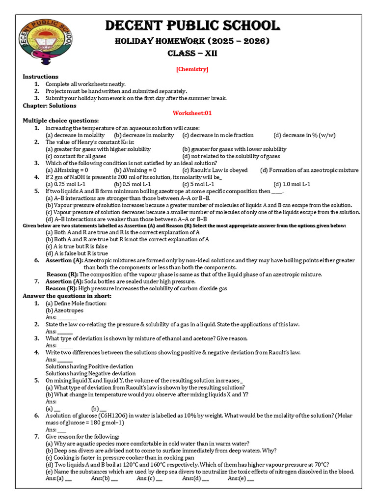 Holiday Homework Class - 12 | PDF | Applied And Interdisciplinary ...