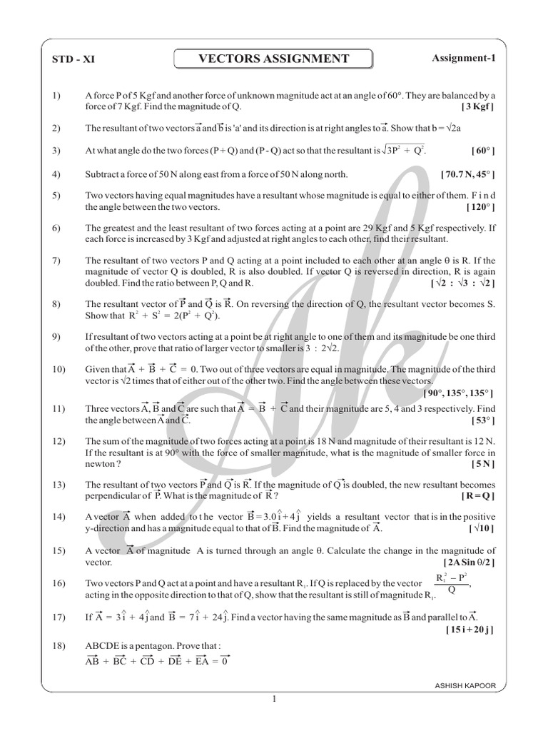 Vector Assignment V2 STD - Xi | PDF | Euclidean Vector | Force