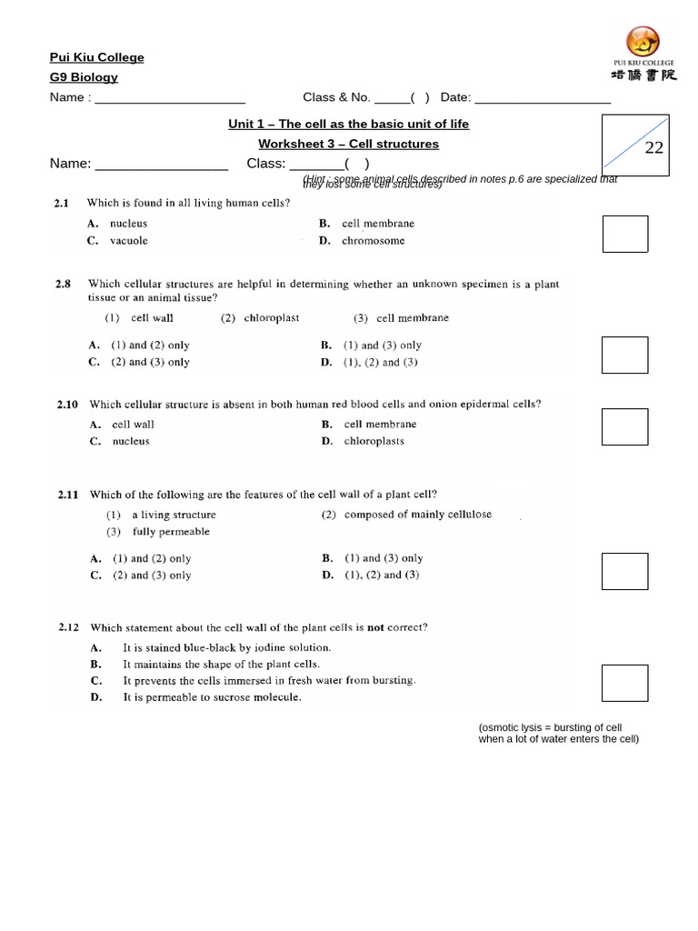 2023-24 - Bio - G9 - Unit 1 - HW 3 - Question and Answer | PDF
