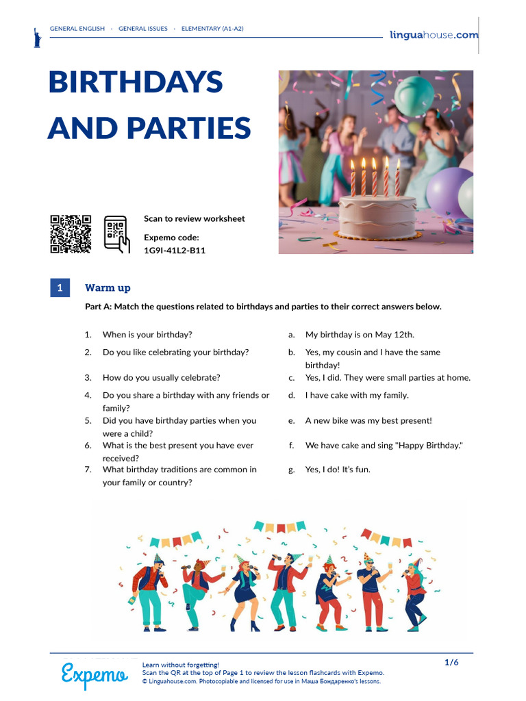 Birthdays and Parties American English Student A1 A2 | PDF