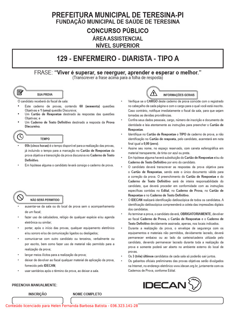 ProvaFMSTeresina2024 EnfermeiroDiaristaTipoA IDECAN | PDF | Enfermagem