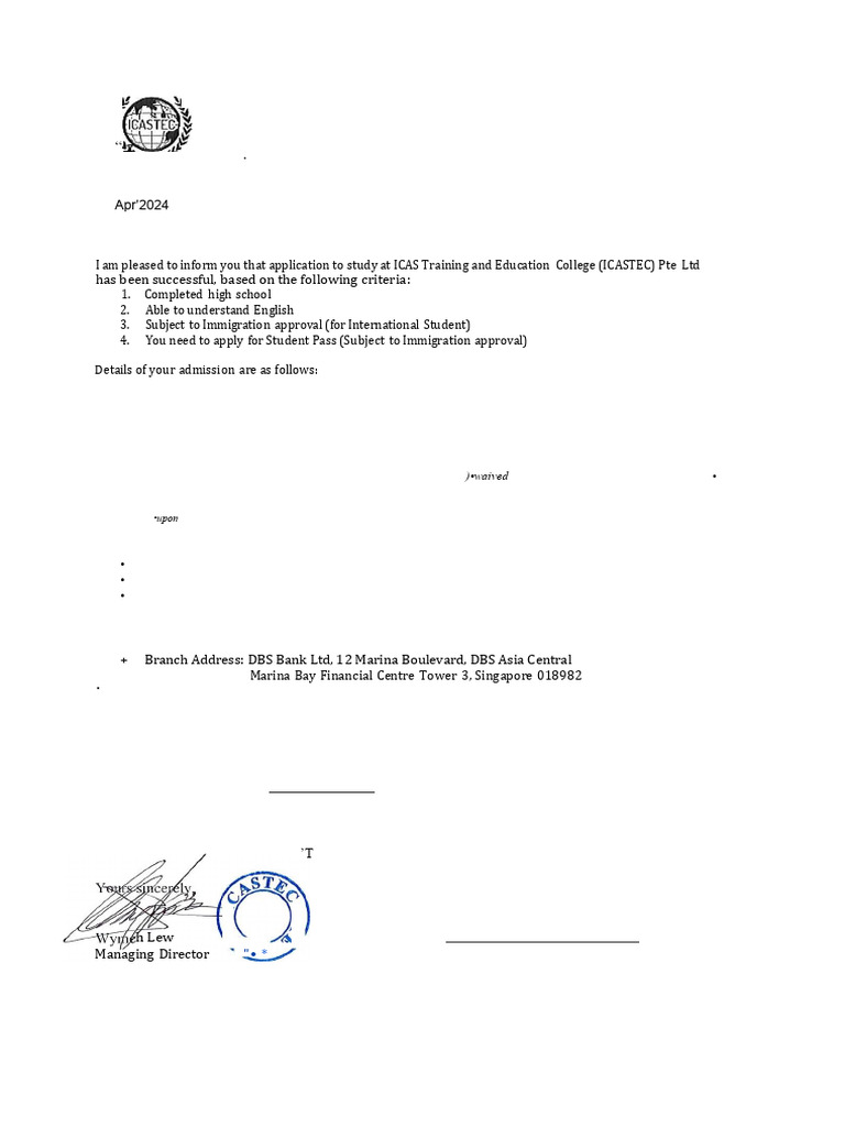 Letter of Offer - Simranjeet Kaur (DHHM June 2023 Intake) | PDF