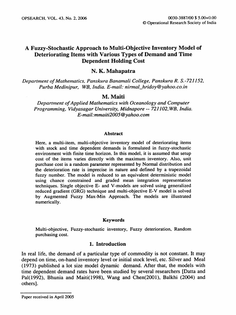 A Fuzzy-Stochastic Approach To Multi-Objective Inventory Model of ...