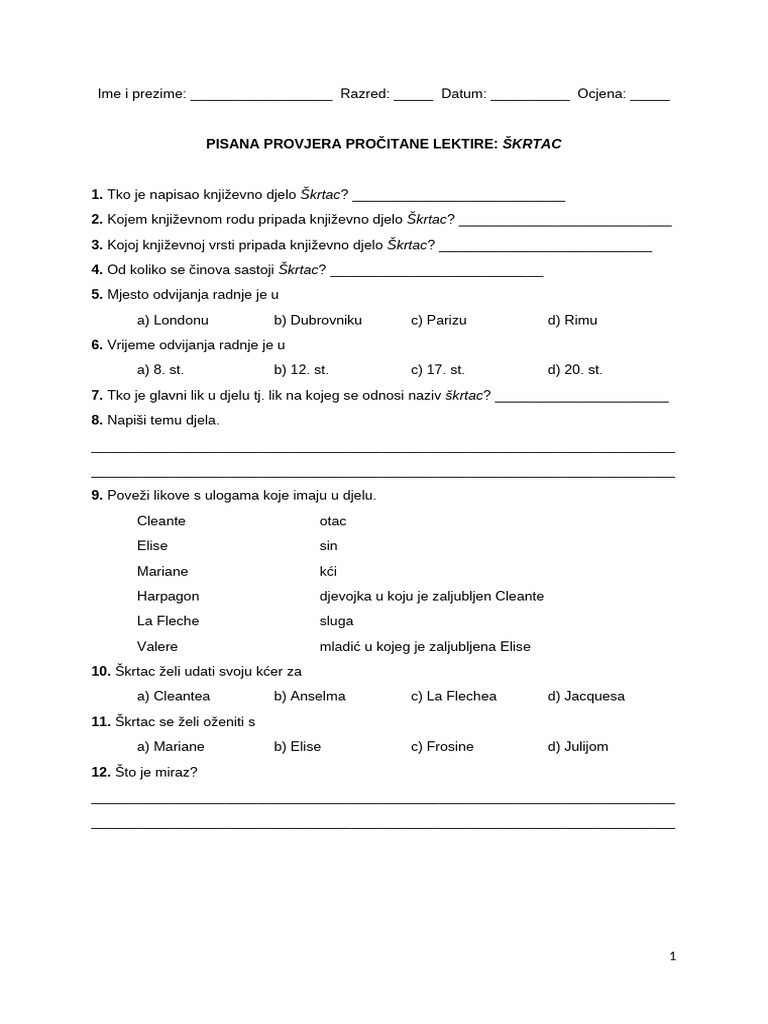 Pisana Provjera Pročitane Lektire - Škrtac (2. Razred) | PDF