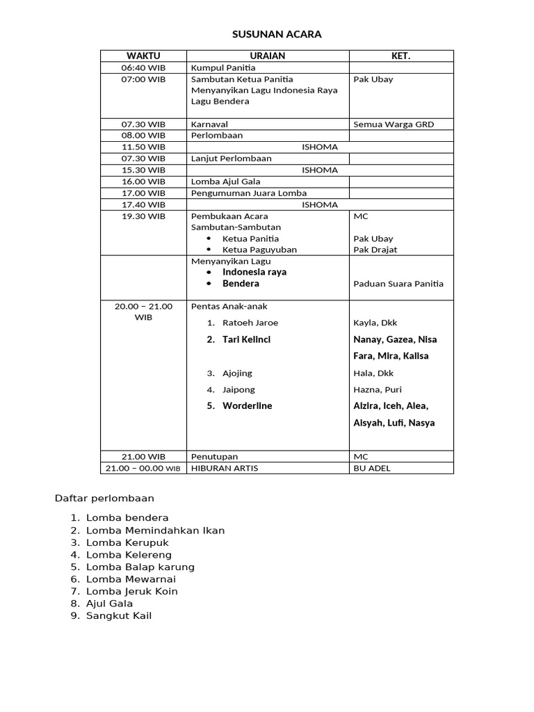 Susunan Acara Agustusan GRD 2024 | PDF