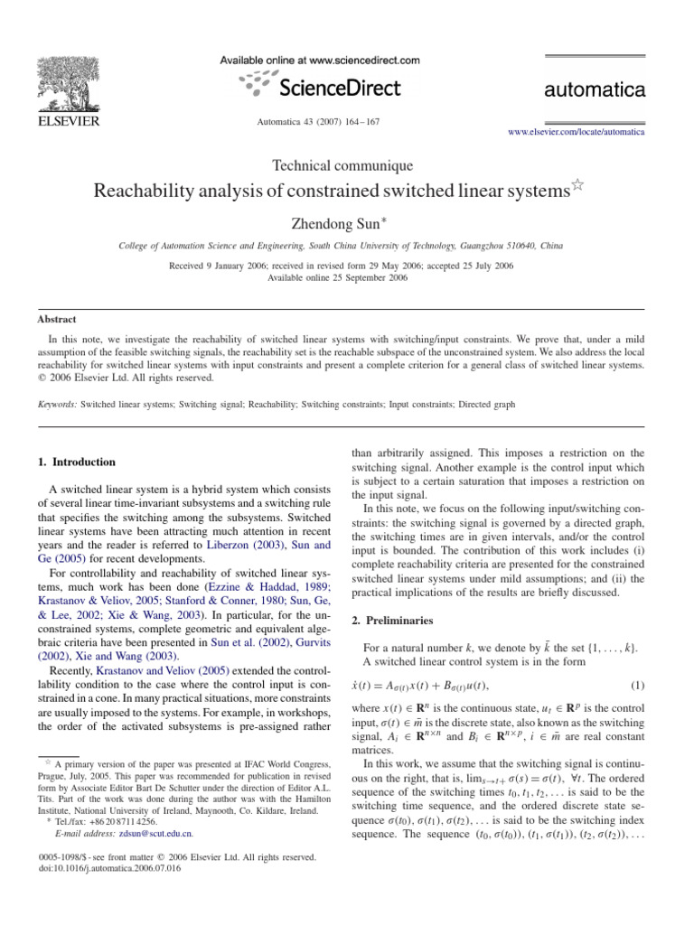 Z Sun 2007 Reachability Analysis of Constrained Switched Linear Systems ...