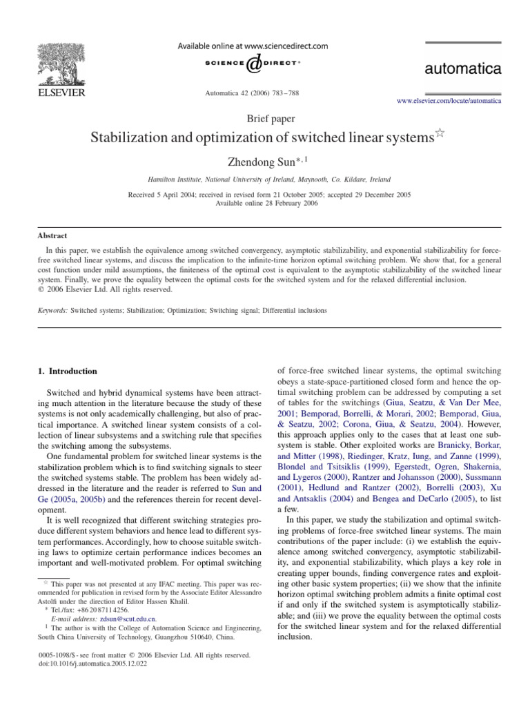 Z Sun 2006 Stabilization and Optimization of Switched Linear Systems | PDF | Norm (Mathematics ...
